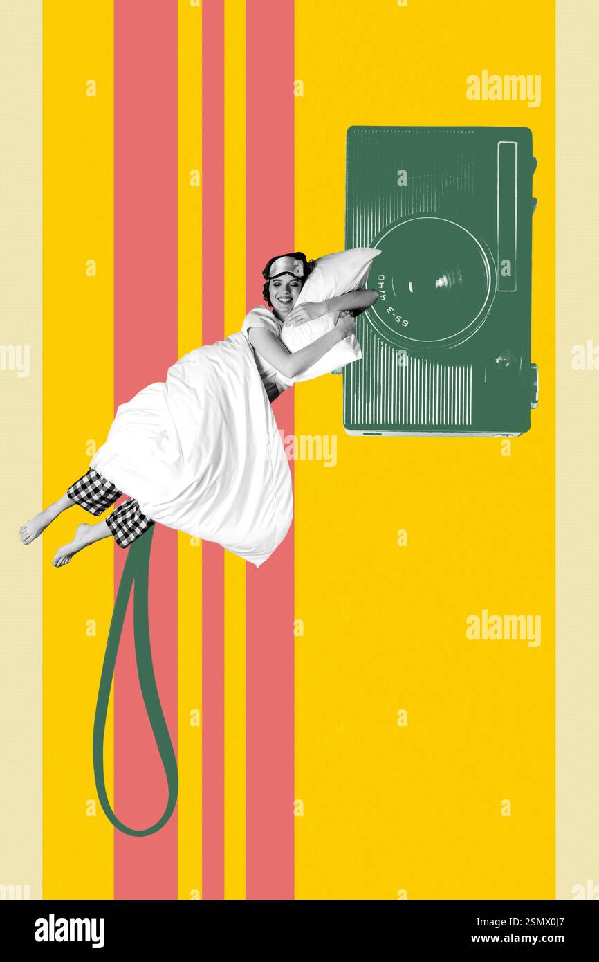 Poster image vertical photo collage of happy sleepy girl lay duvet ...