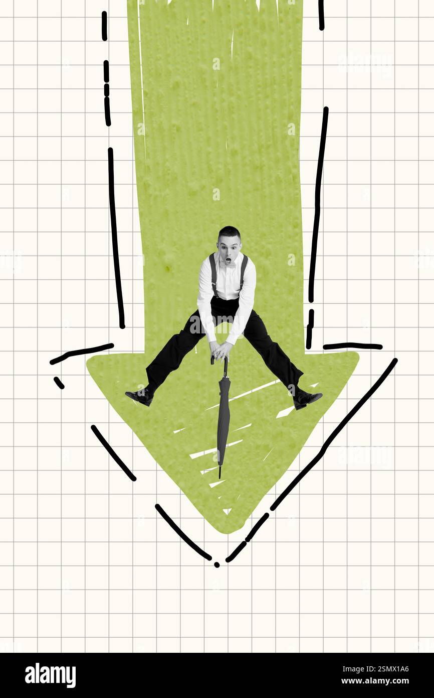 Vertical art collage of astonished businessman hold umbrella arrow ...