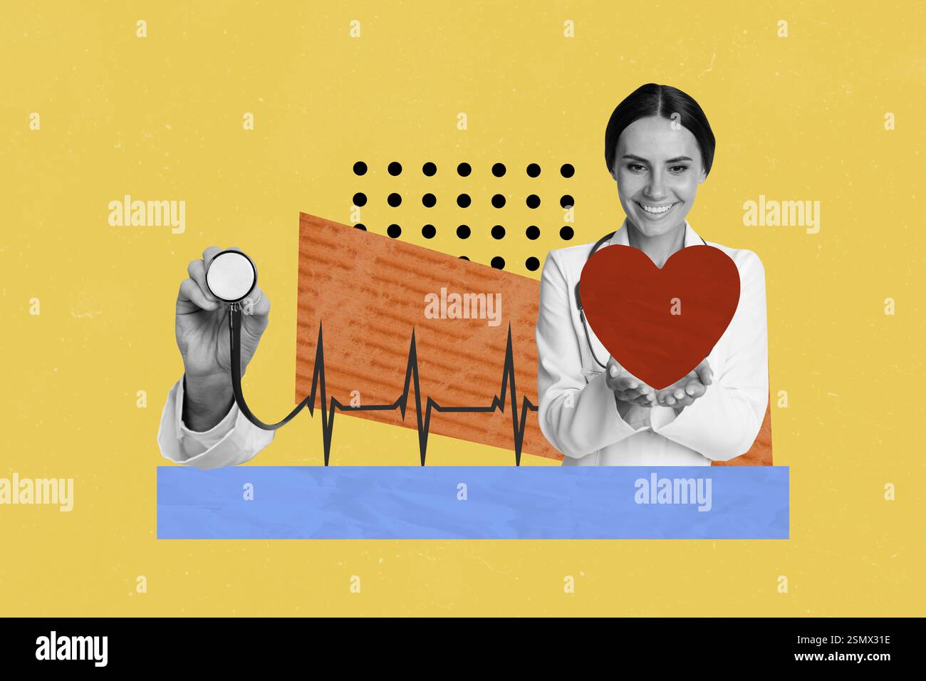 Creative art trend banner collage of happy girl doctor hold heart rate ...