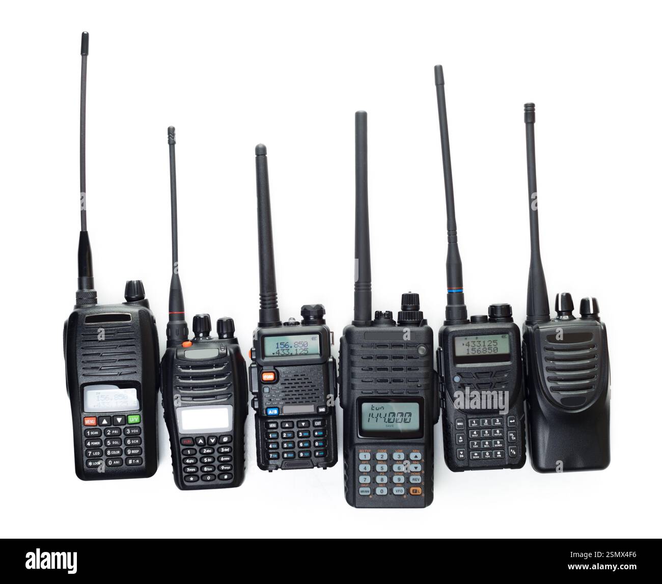 Multiple models of handheld walkie-talkies arranged in a row showcasing ...