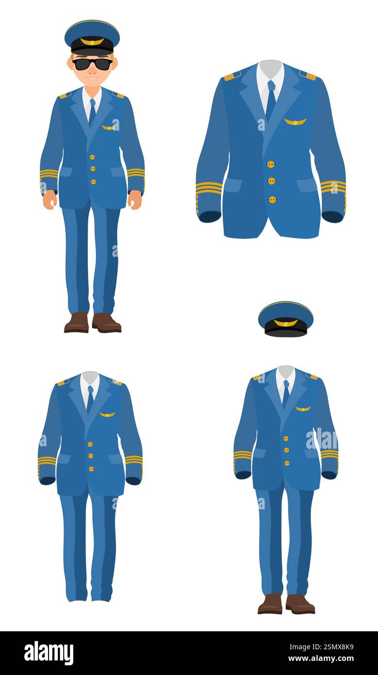 pilot uniform suit work clothes flat style vector illustration isolated ...