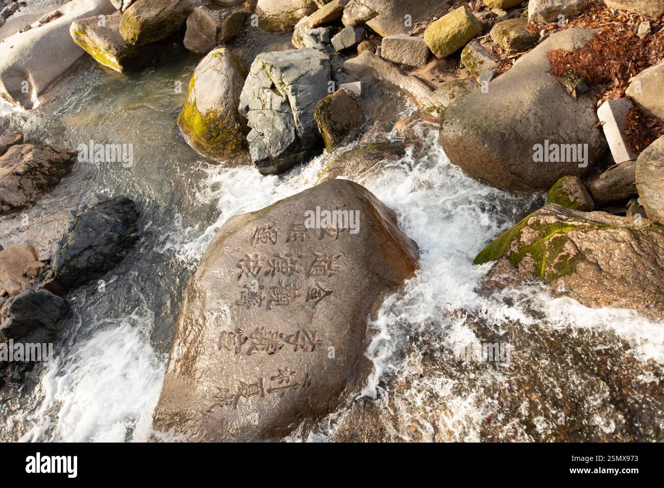 Busan South Korea - 24-03-2024: Inscriptions on river rock at Beomeosa ...