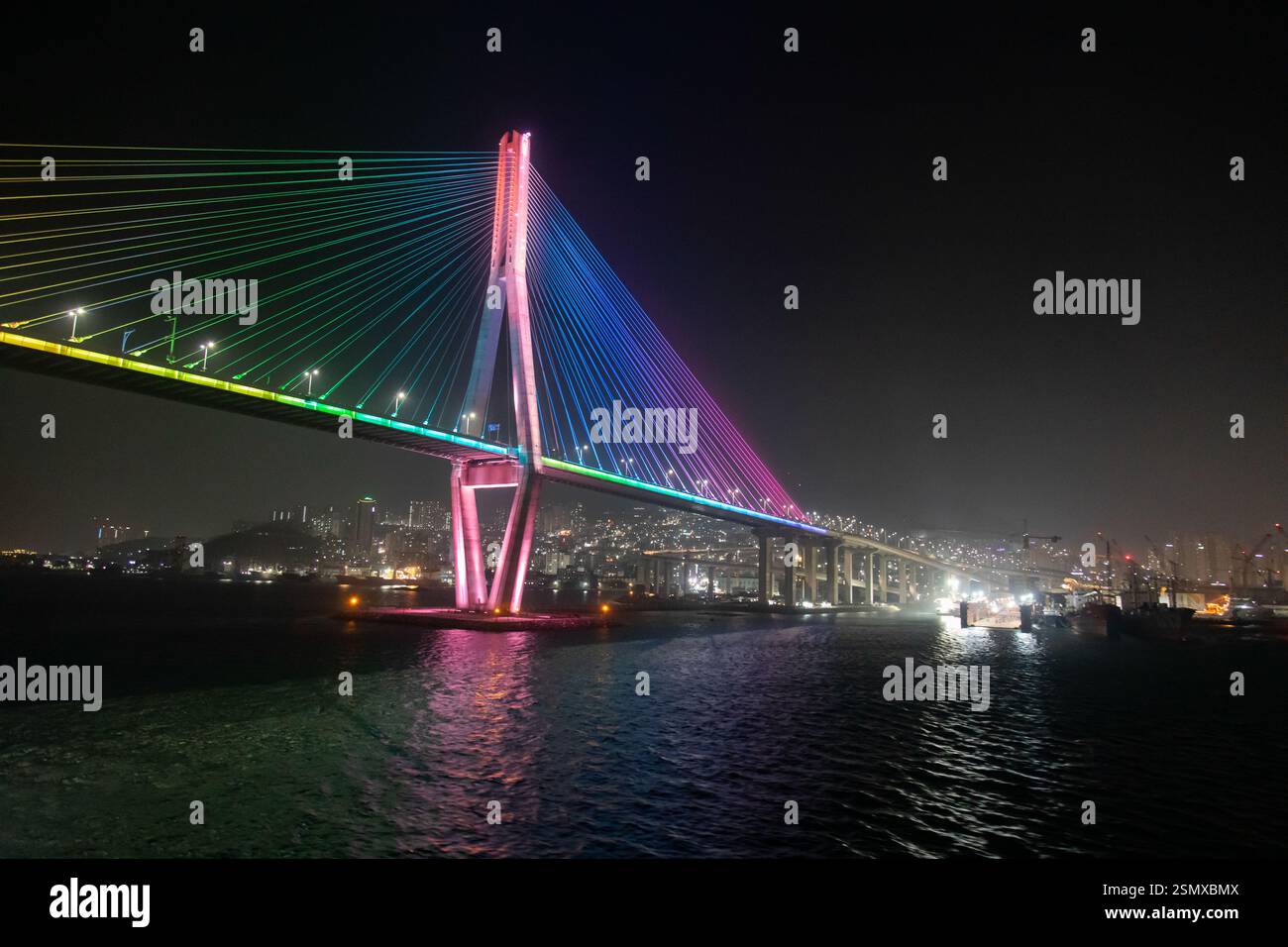Busan, South Korea - 29-03-2024: Busan Bridge at night, illuminated ...