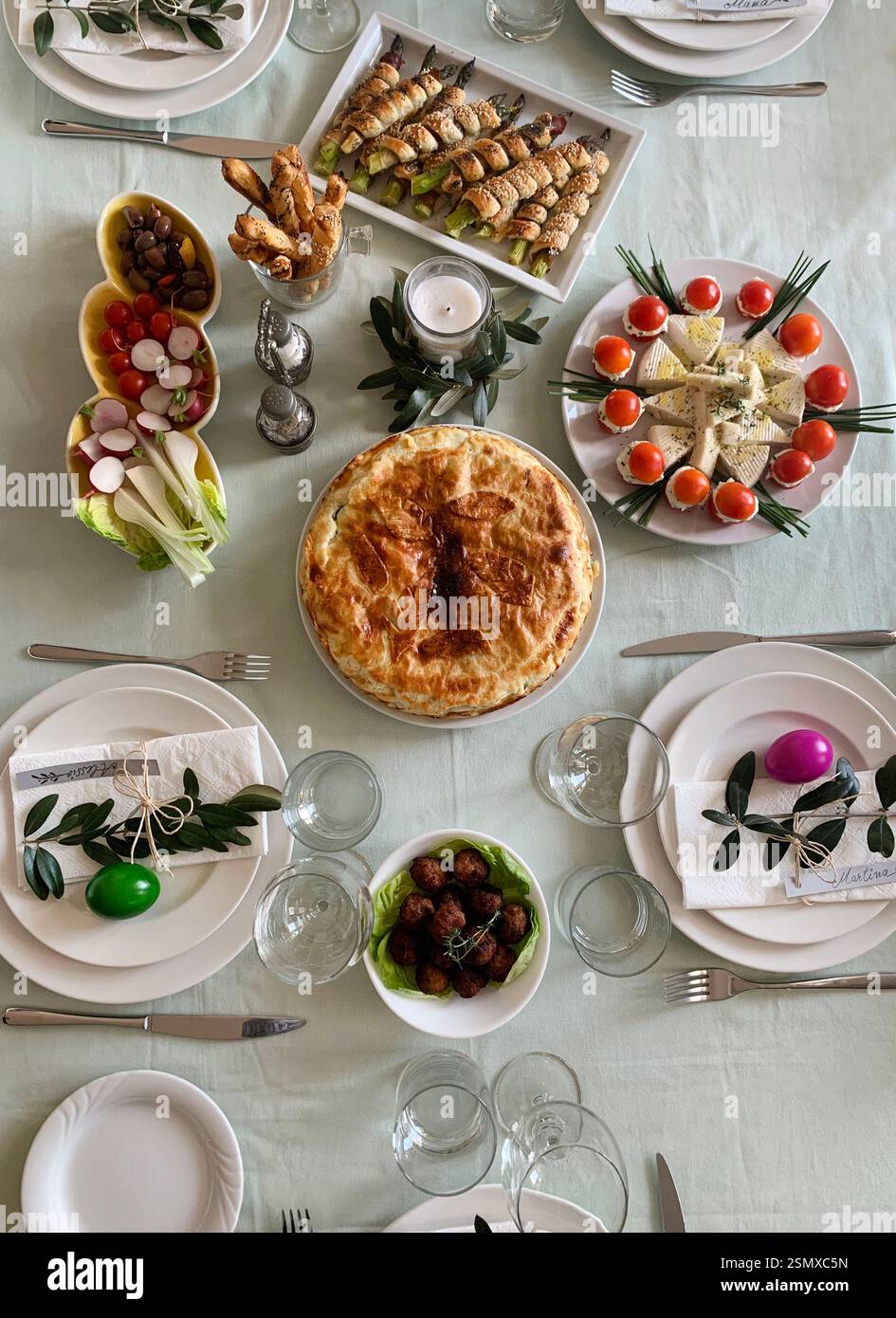 Traditional Easter with appetizer food table for snacks before the big ...