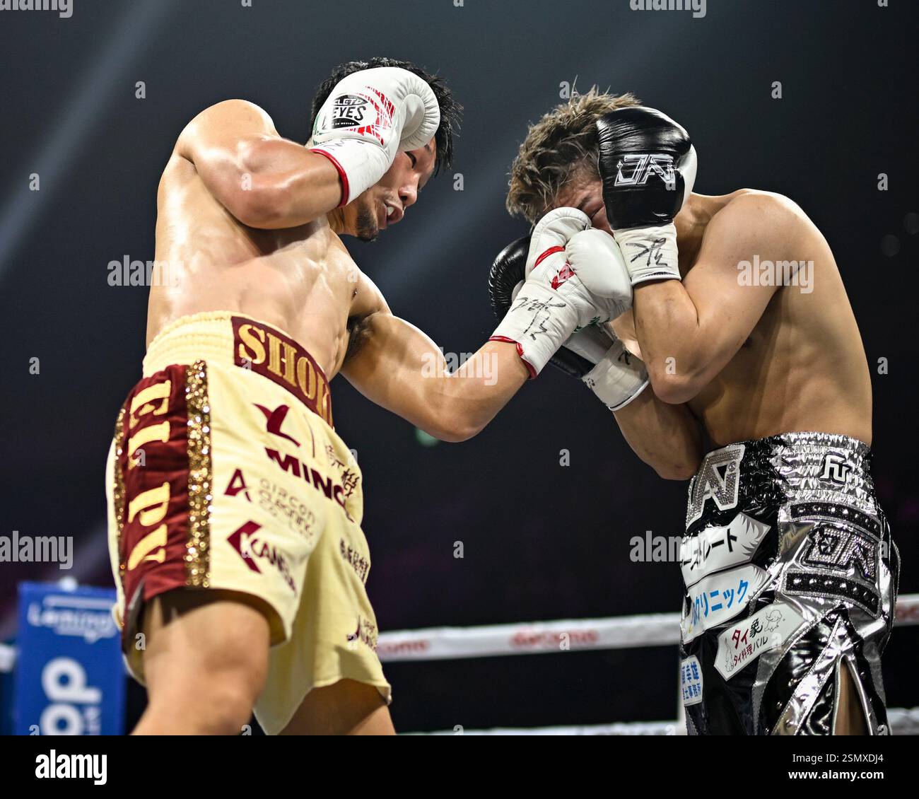 Tokyo, Japan. 24th Jan, 2025. Challenger Shoki Sakai (white gloves) hits champion Jin Sasaki ...