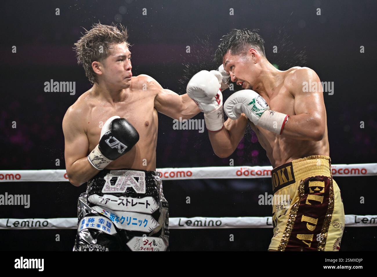 Tokyo, Japan. 24th Jan, 2025. Champion Jin Sasaki (black gloves) hits challenger Shoki Sakai ...