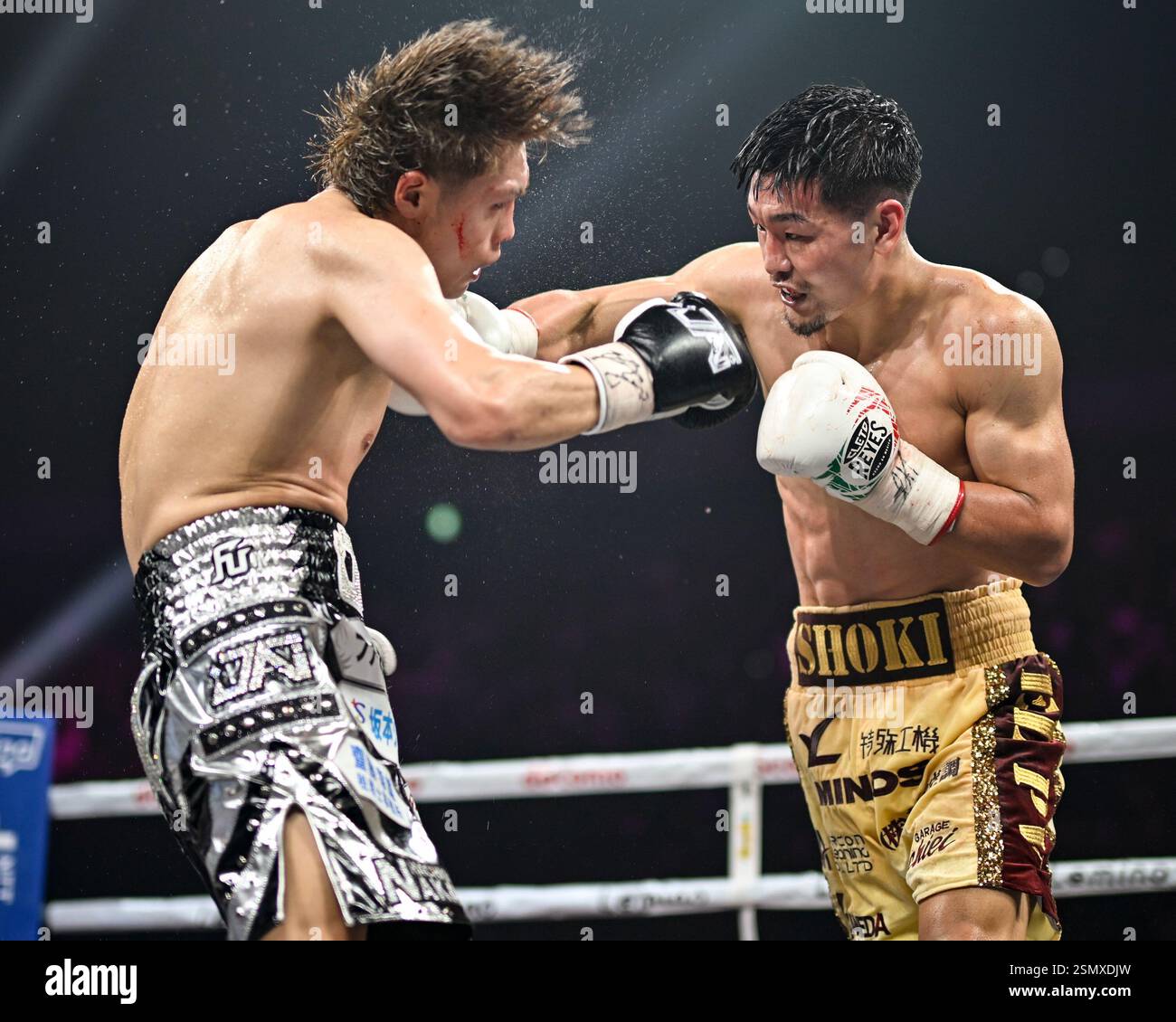 Tokyo, Japan. 24th Jan, 2025. Challenger Shoki Sakai (white gloves) hits champion Jin Sasaki ...