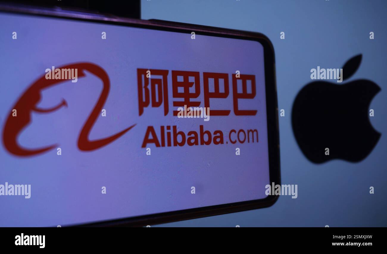 HANGZHOU, CHINA - FEBRUARY 13, 2025 - An illustration photo shows the logos of Alibaba and Apple ...