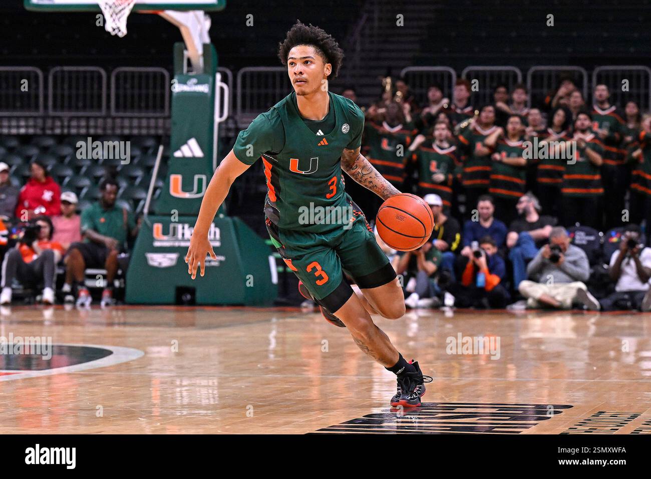 CORAL GABLES, FL - FEBRUARY 11: Miami guard Jalil Bethea (3) handles ...
