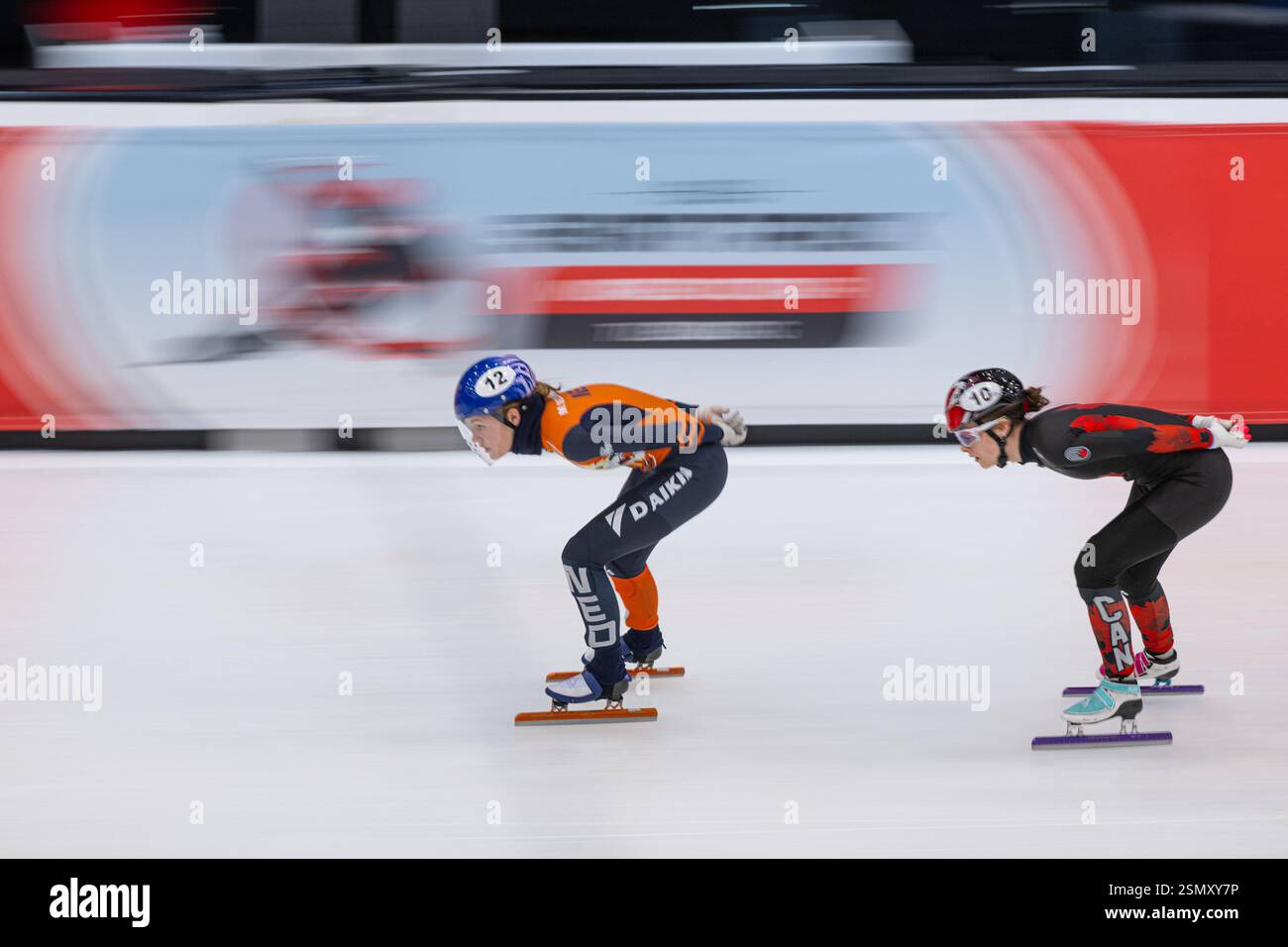 VELZEBOER Michelle NED leads BLAIS Danae CAN during the ISU Short Track ...