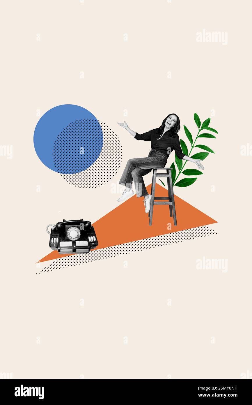 Vertical art trend collage of happy old woman sit stool retro telephone ...