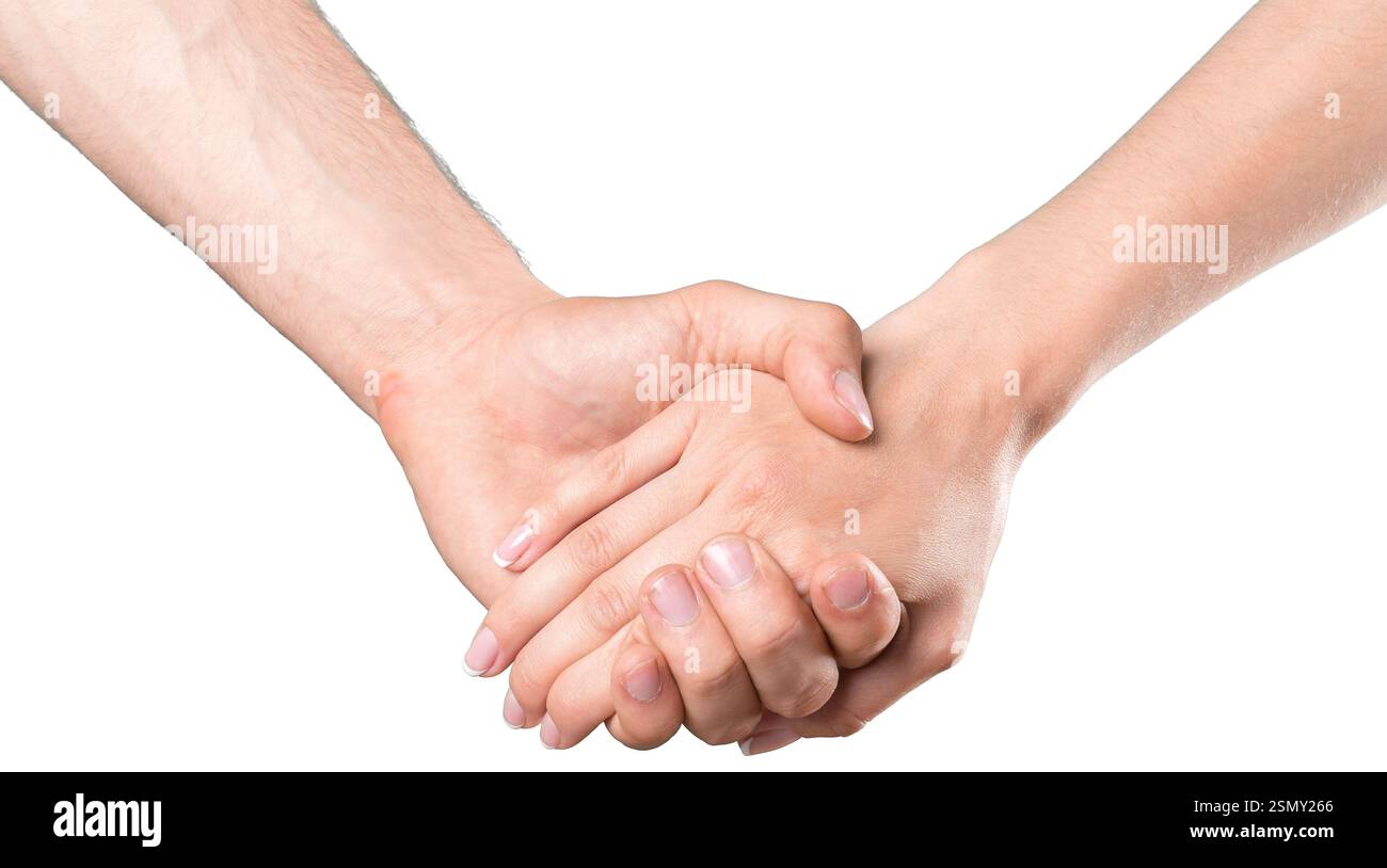 Two hands clasped together in a gesture of agreement and connection ...