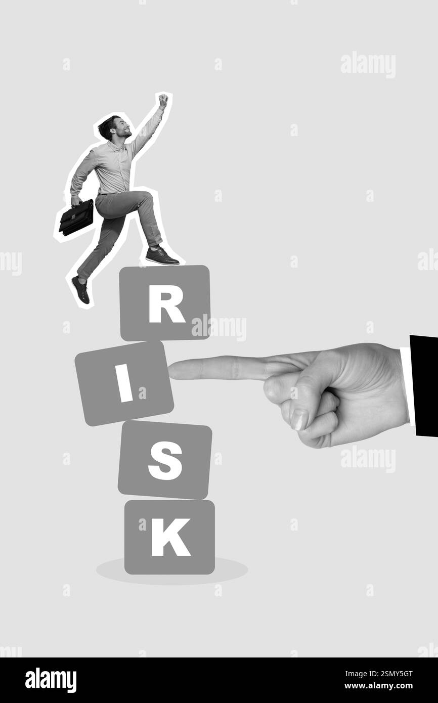 Vertical collage image of big hand finger touch push pile stack rick ...