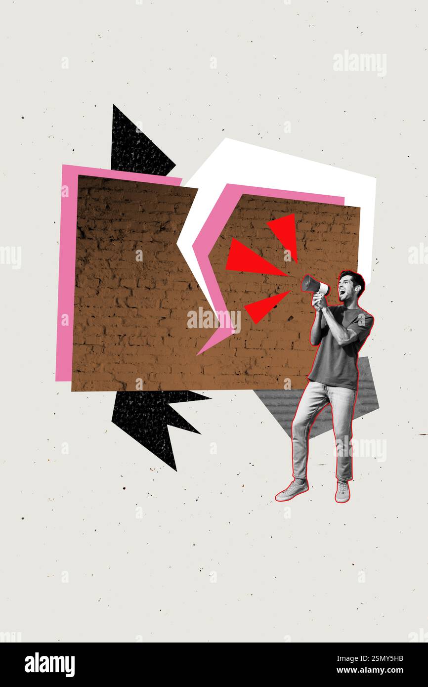 Vertical art creative collage of angry man scream megaphone agitation ...