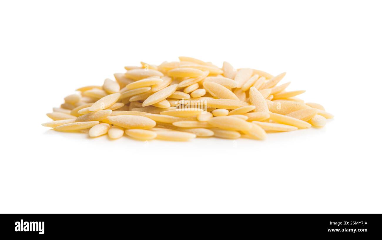 Orzo, kritharaki, risoni pasta. Uncooked dry pasta isolated on a white ...