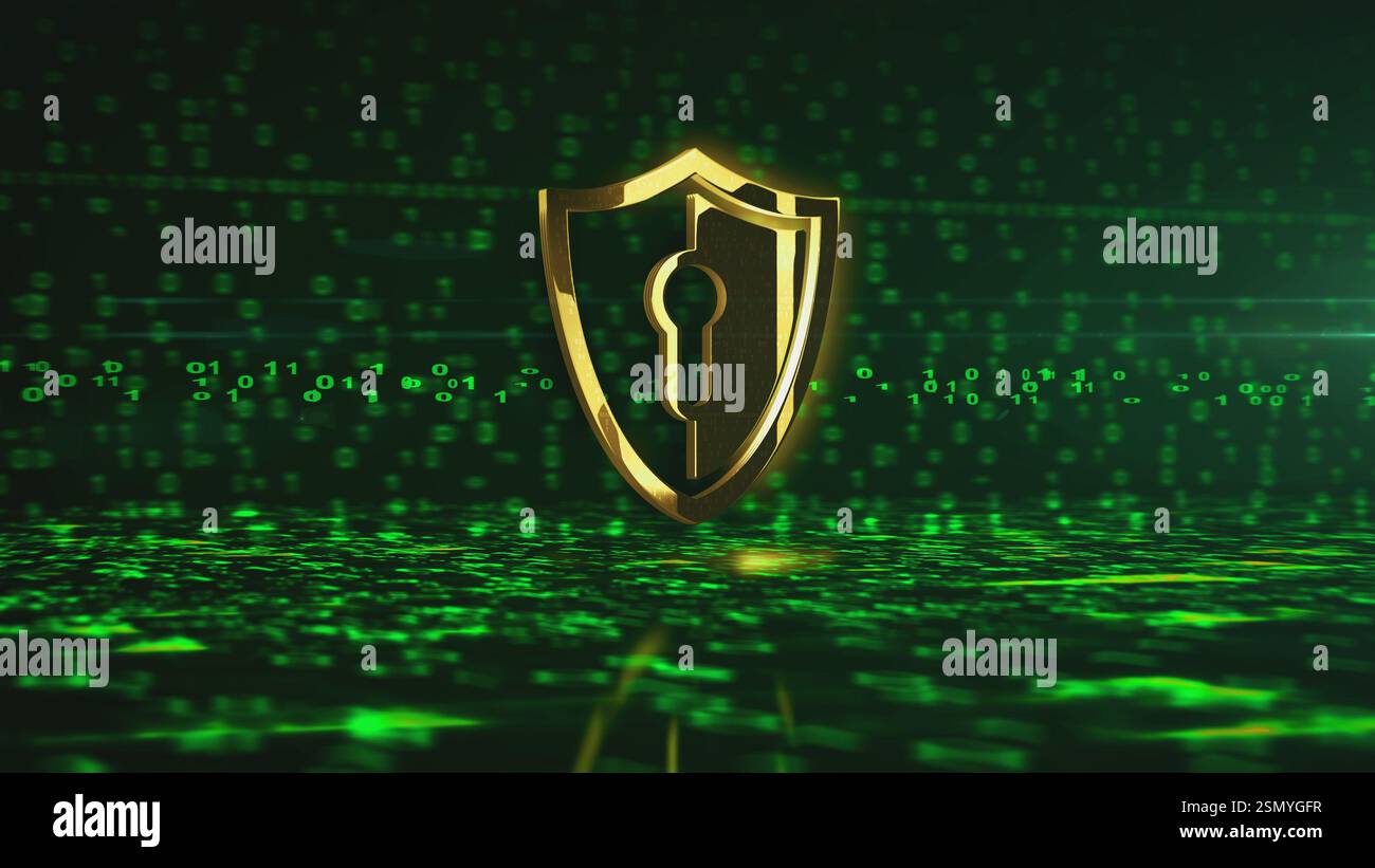 Shield cyber security computer system protection golden metal symbol ...