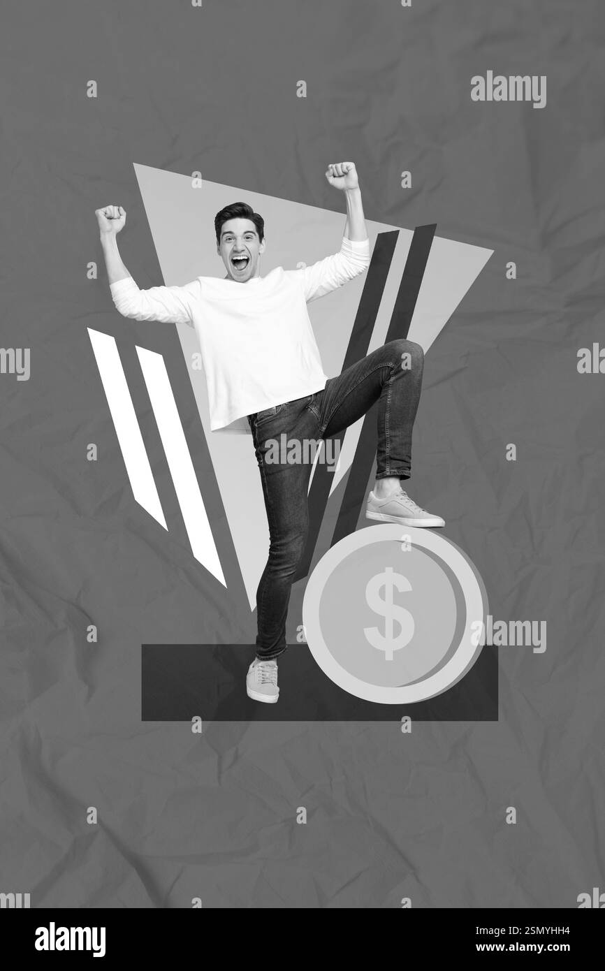 Vertical collage picture of overjoyed positive guy raise fists stand ...