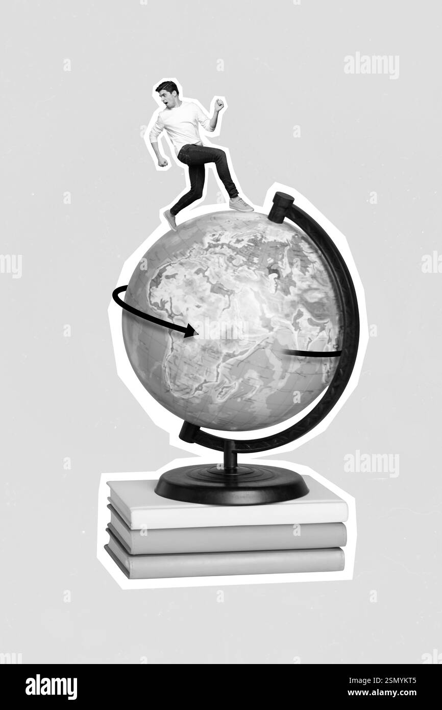 Vertical collage image of mini impressed guy running huge spinning ...