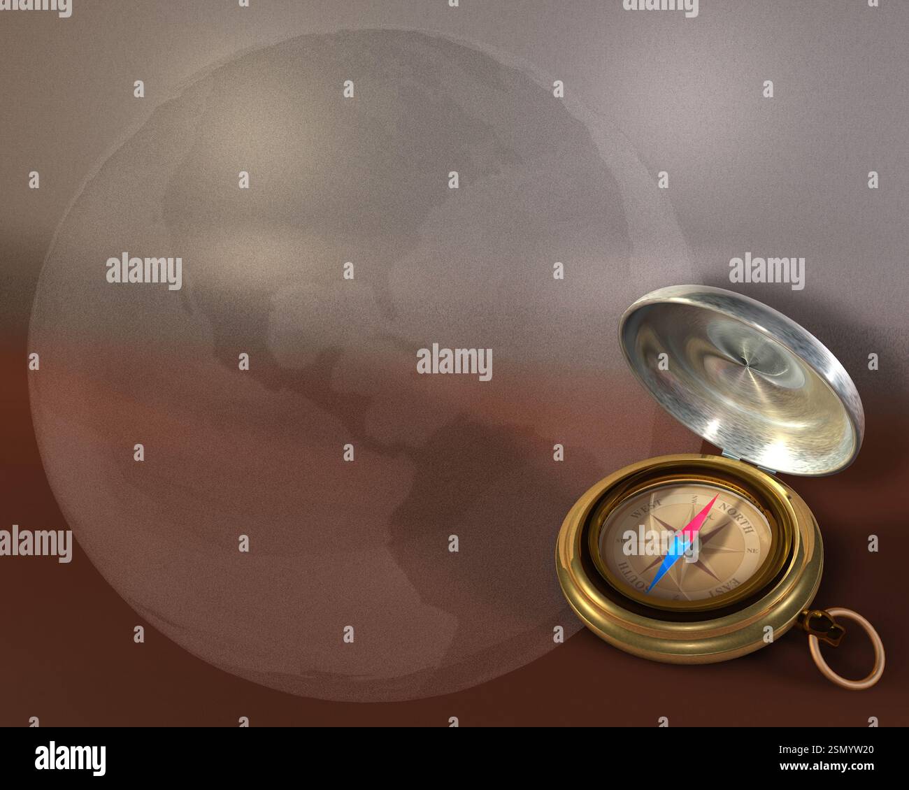 Opened compass on metallic background and bubble globe Stock Photo - Alamy