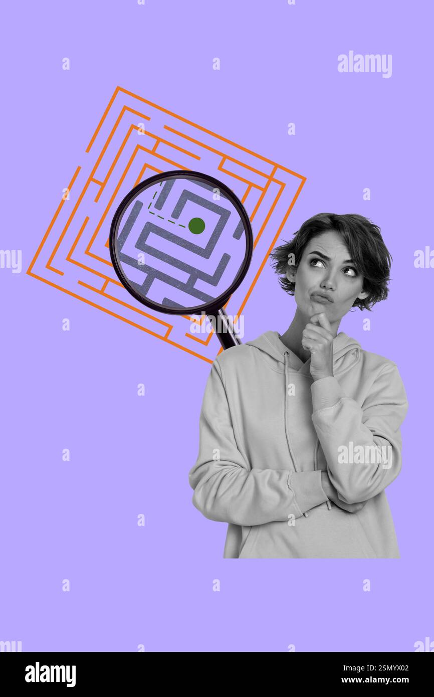 Poster image photo collage of pensive girl hold chin think maze riddle ...