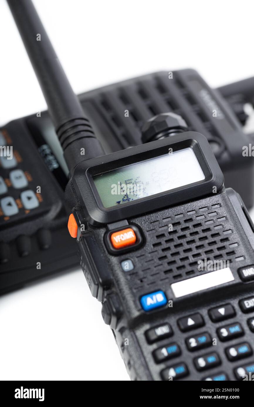 Two-way radio equipment set up for outdoor communication during field ...