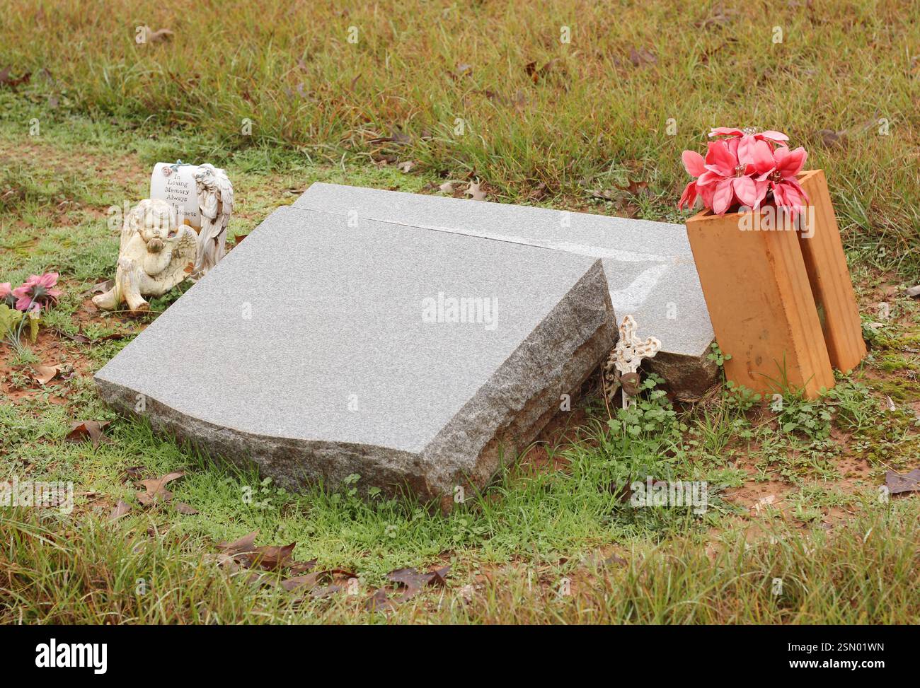 Broken Headstone Located in Loftin Cemetery in Rural East Texas Stock ...