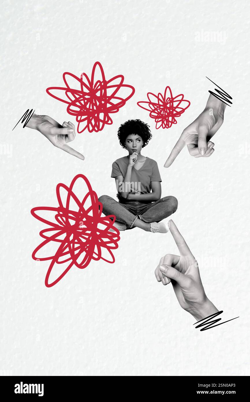 3D photo collage template trend artwork of finger point young lady sit ...