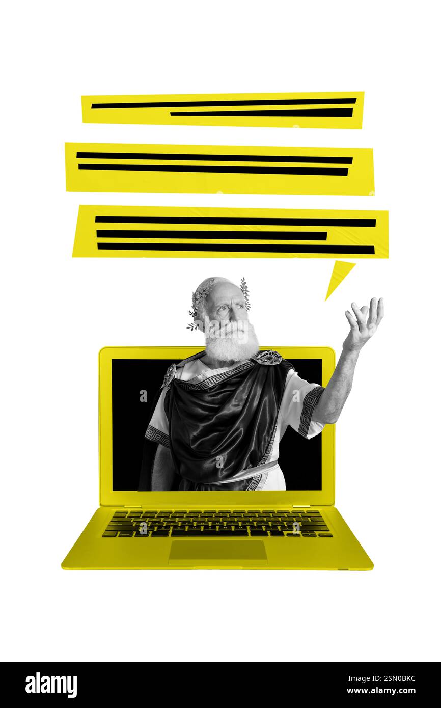 Vertical art image photo collage of serious greek zeus man peek laptop ...