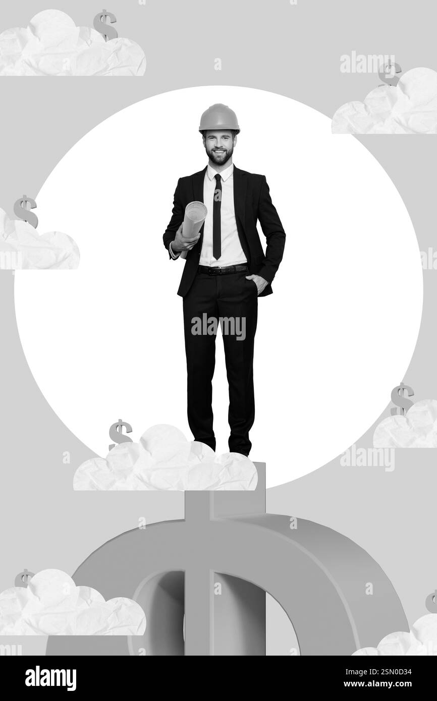 Vertical collage picture of positive construction project boss hold ...