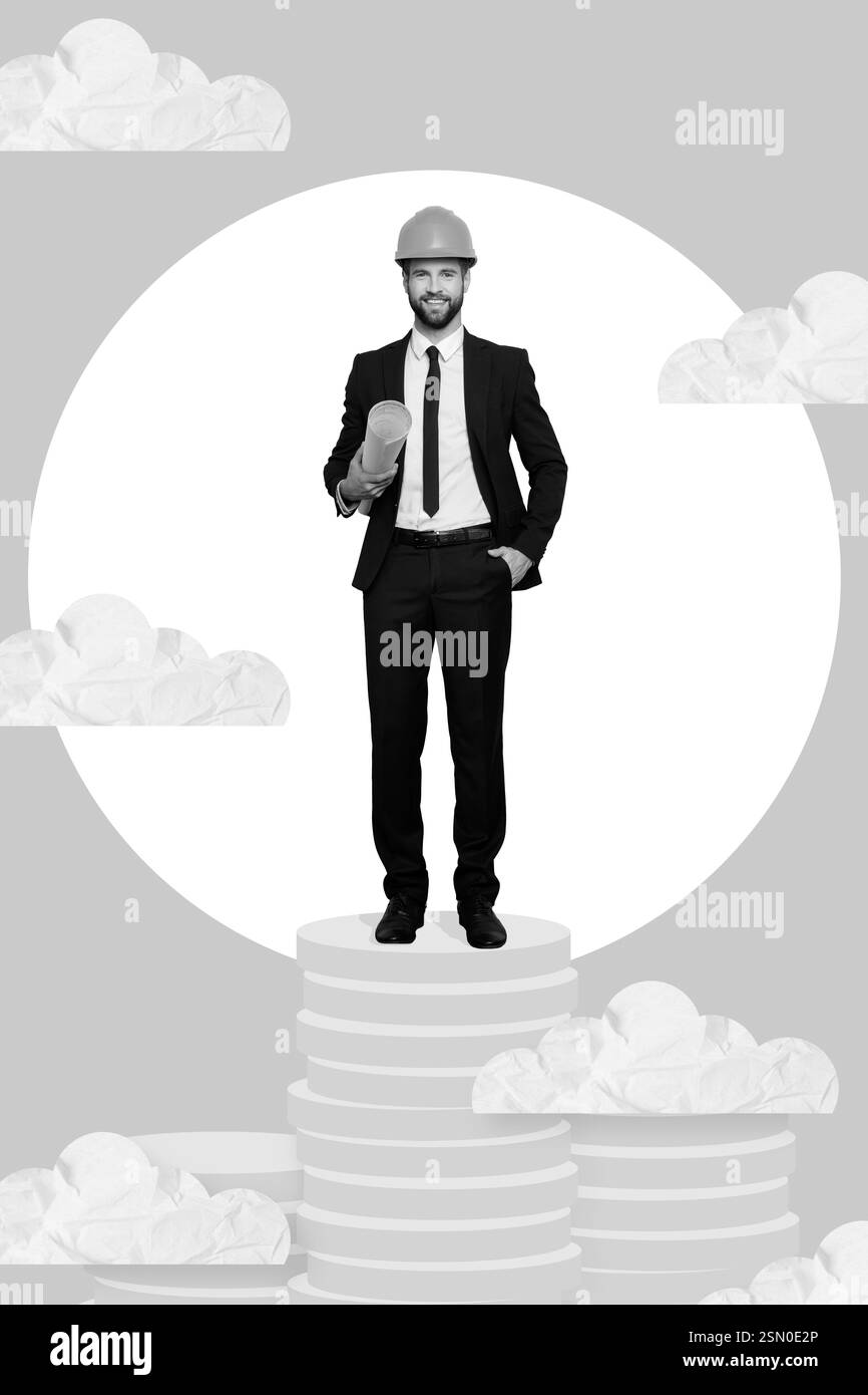 Vertical collage image of mini confident man stand huge pile stack ...