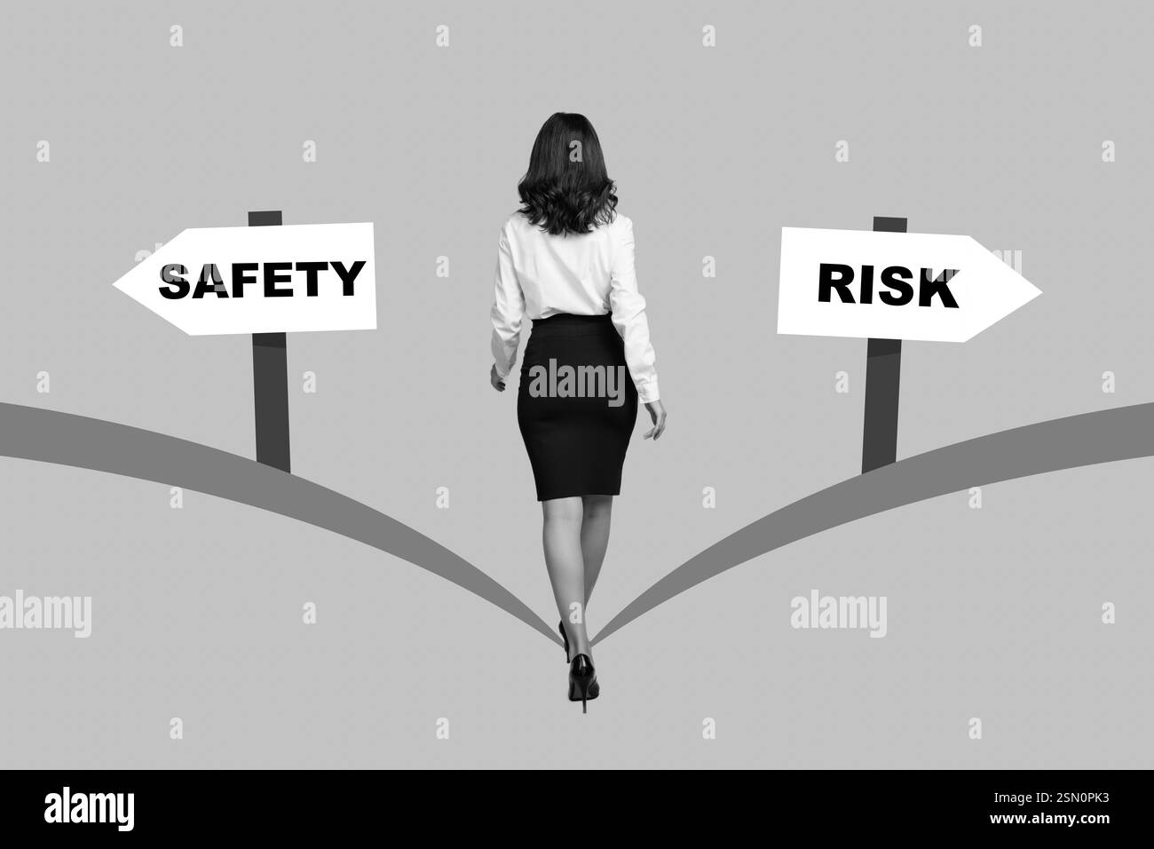 Composite collage picture of black white colors business lady walking ...