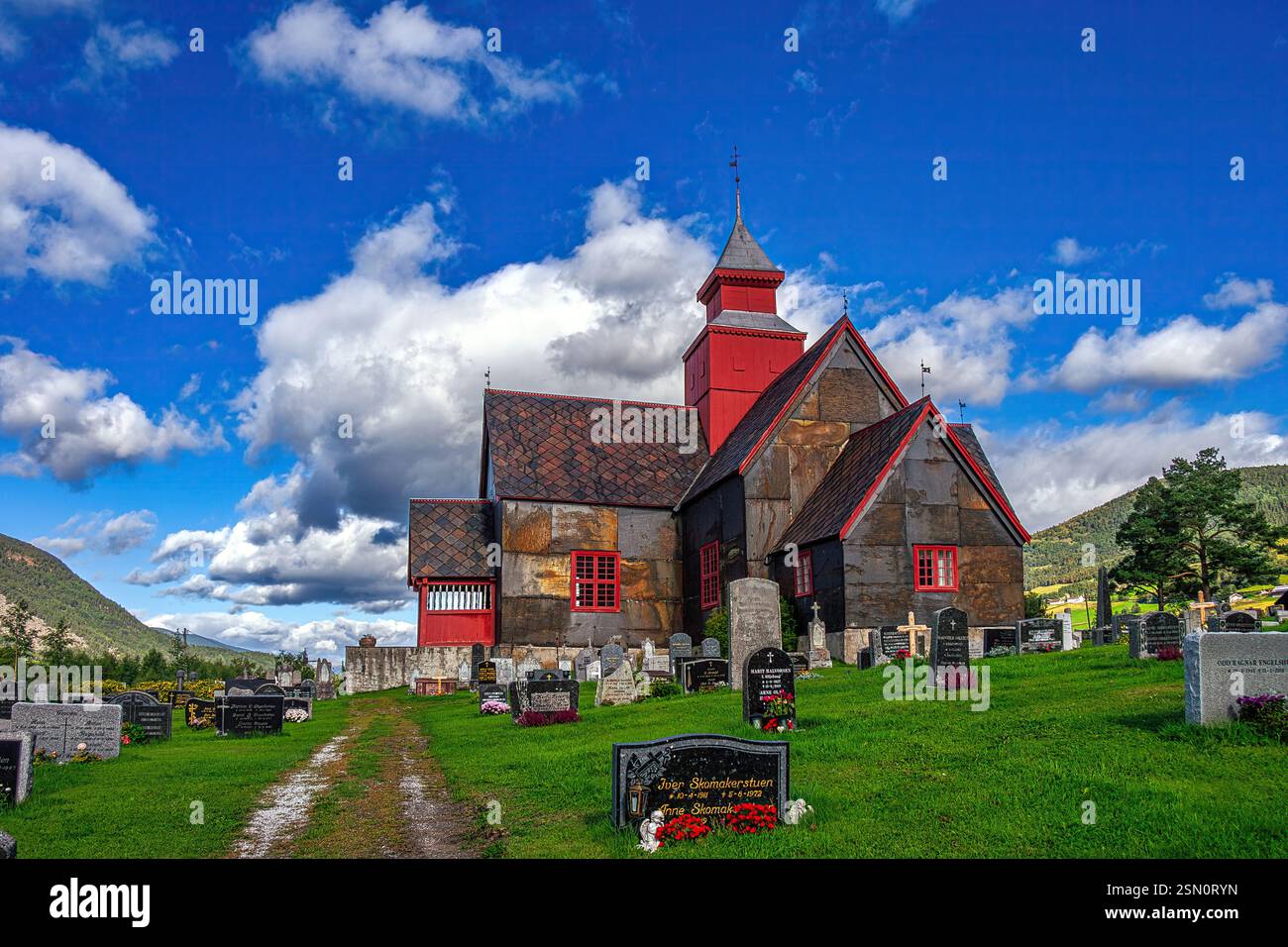 Kaupanger wooden church with its characteristic architecture and red ...