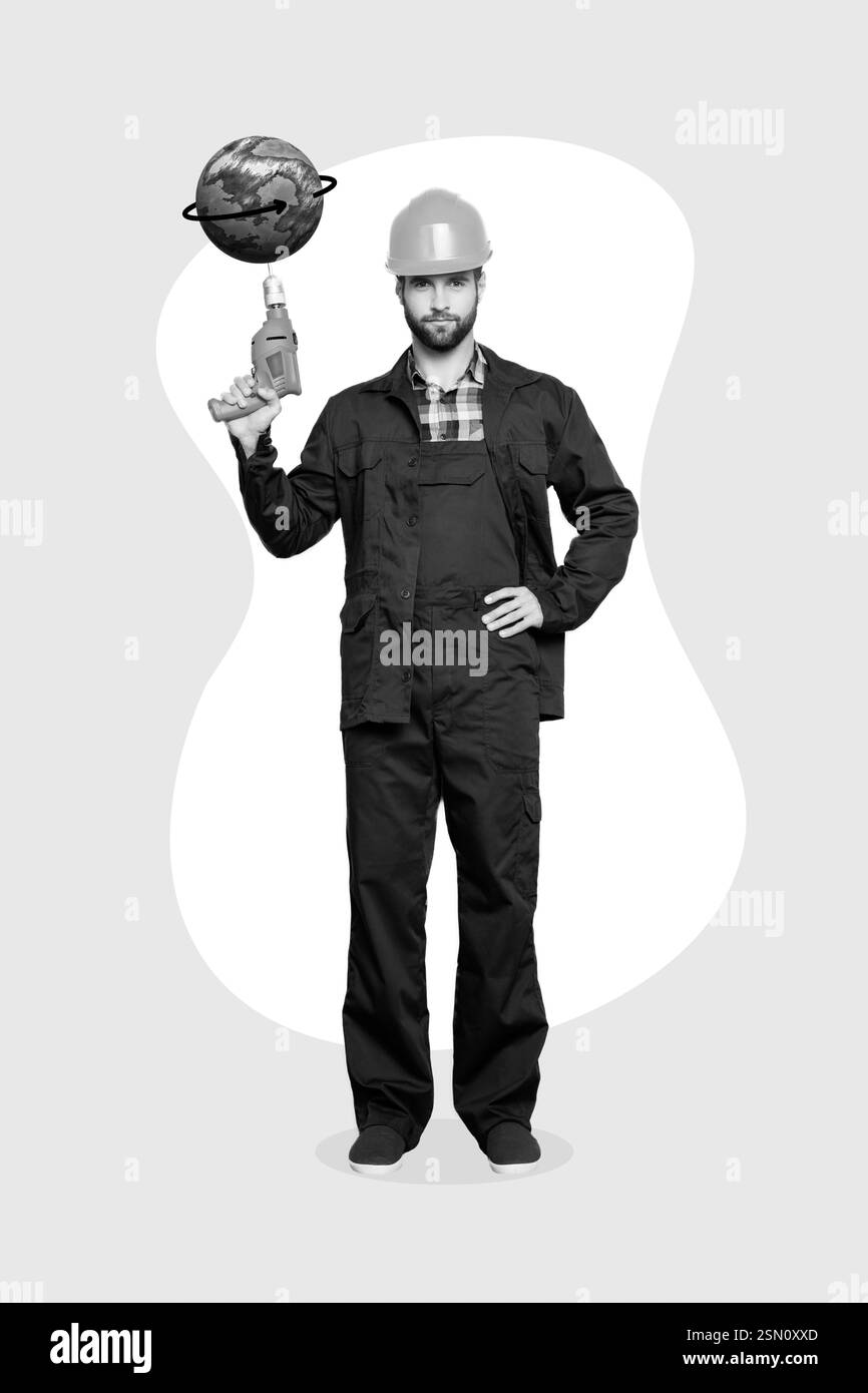 Vertical collage picture of construction worker hand hold drill mini ...