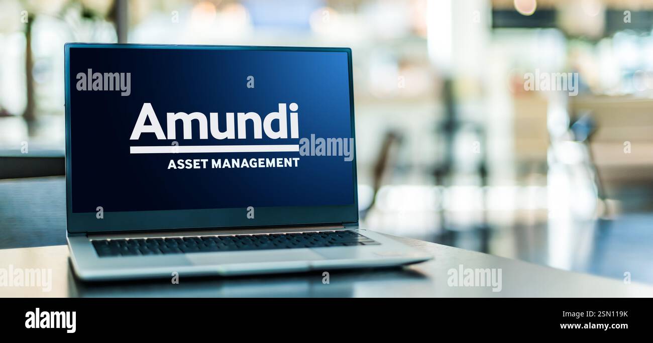 POZNAN, POL - DEC 19, 2024: Laptop computer displaying logo of Amundi ...