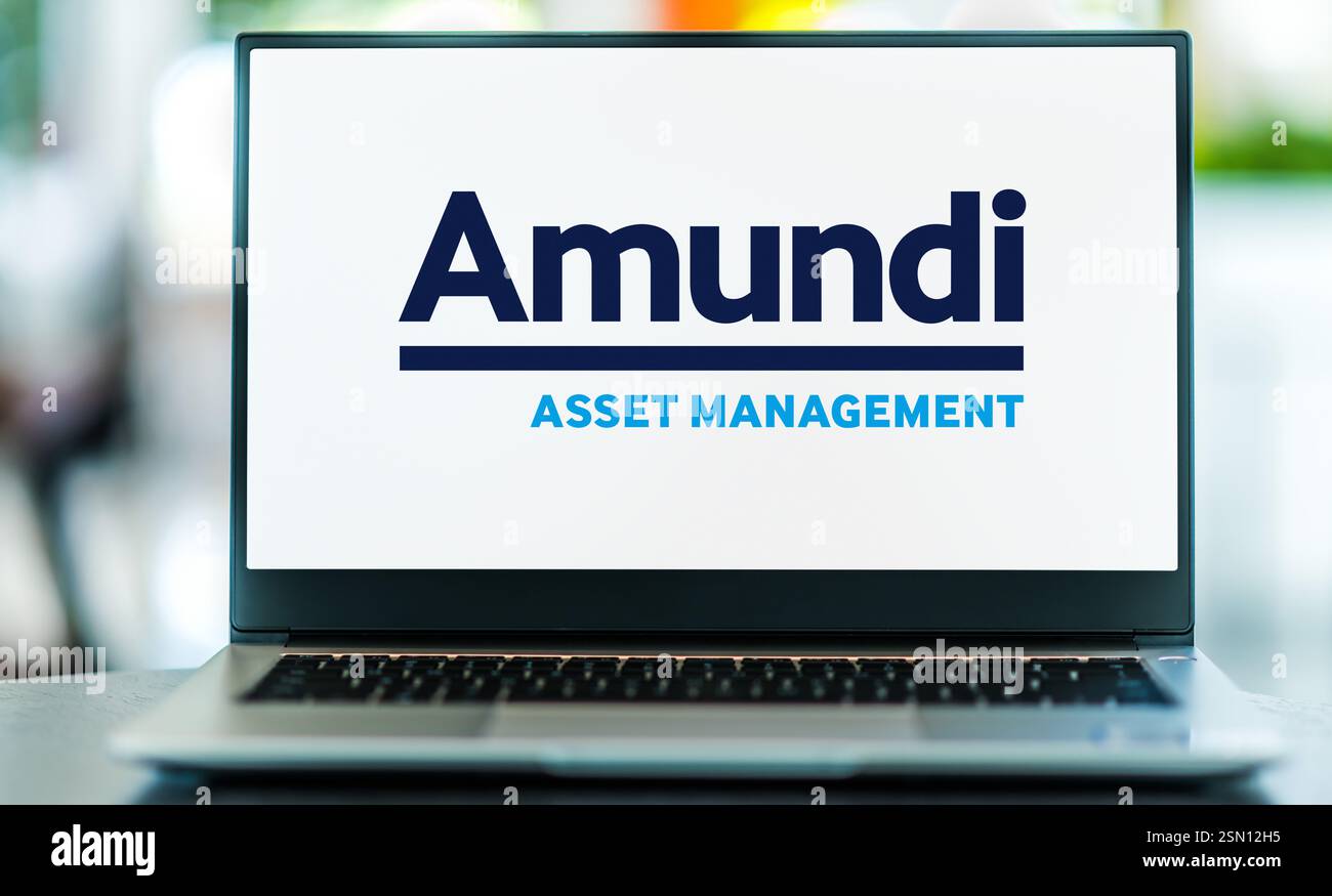 POZNAN, POL - DEC 19, 2024: Laptop computer displaying logo of Amundi ...