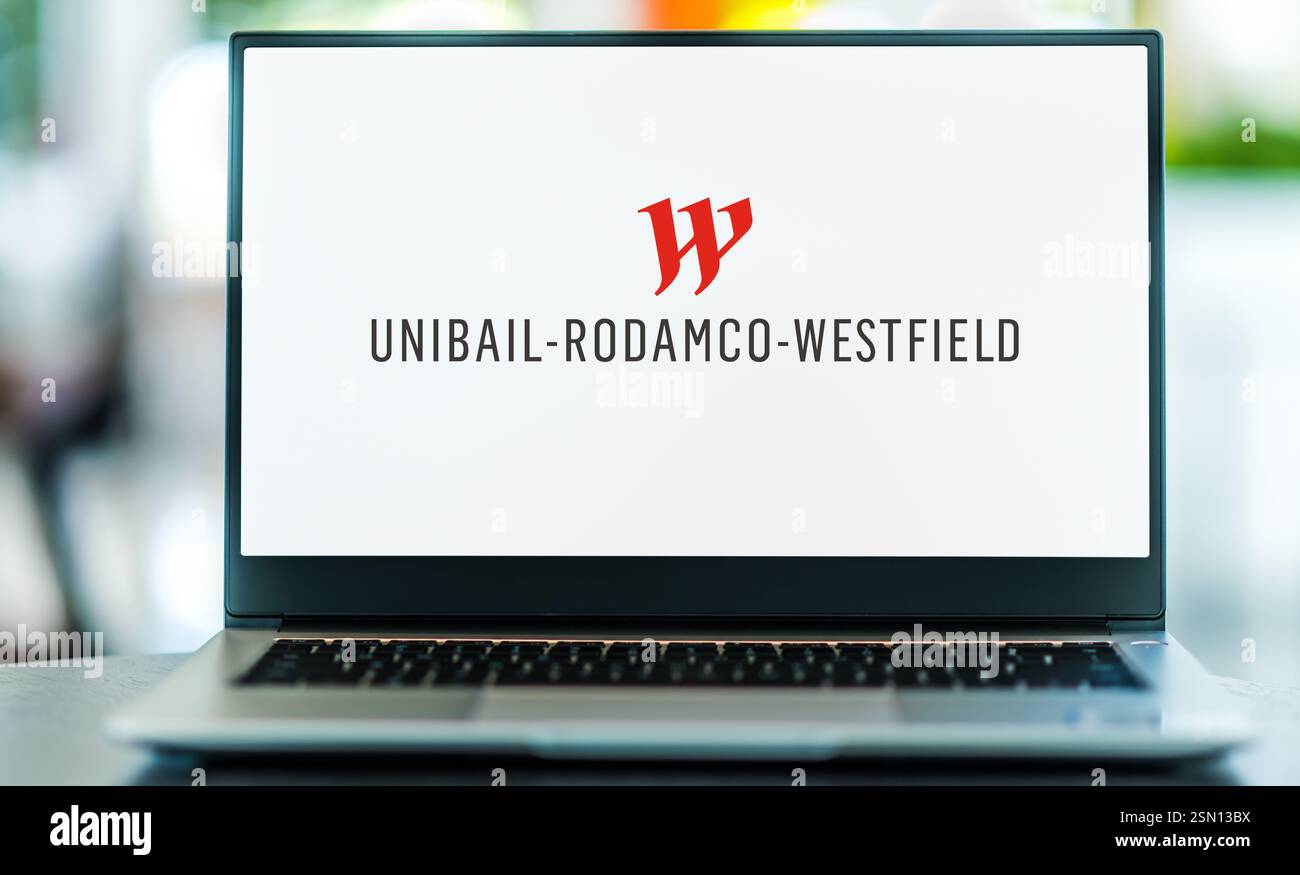 POZNAN, POL - DEC 19, 2024: Laptop computer displaying logo of Unibail-Rodamco-Westfield Stock ...