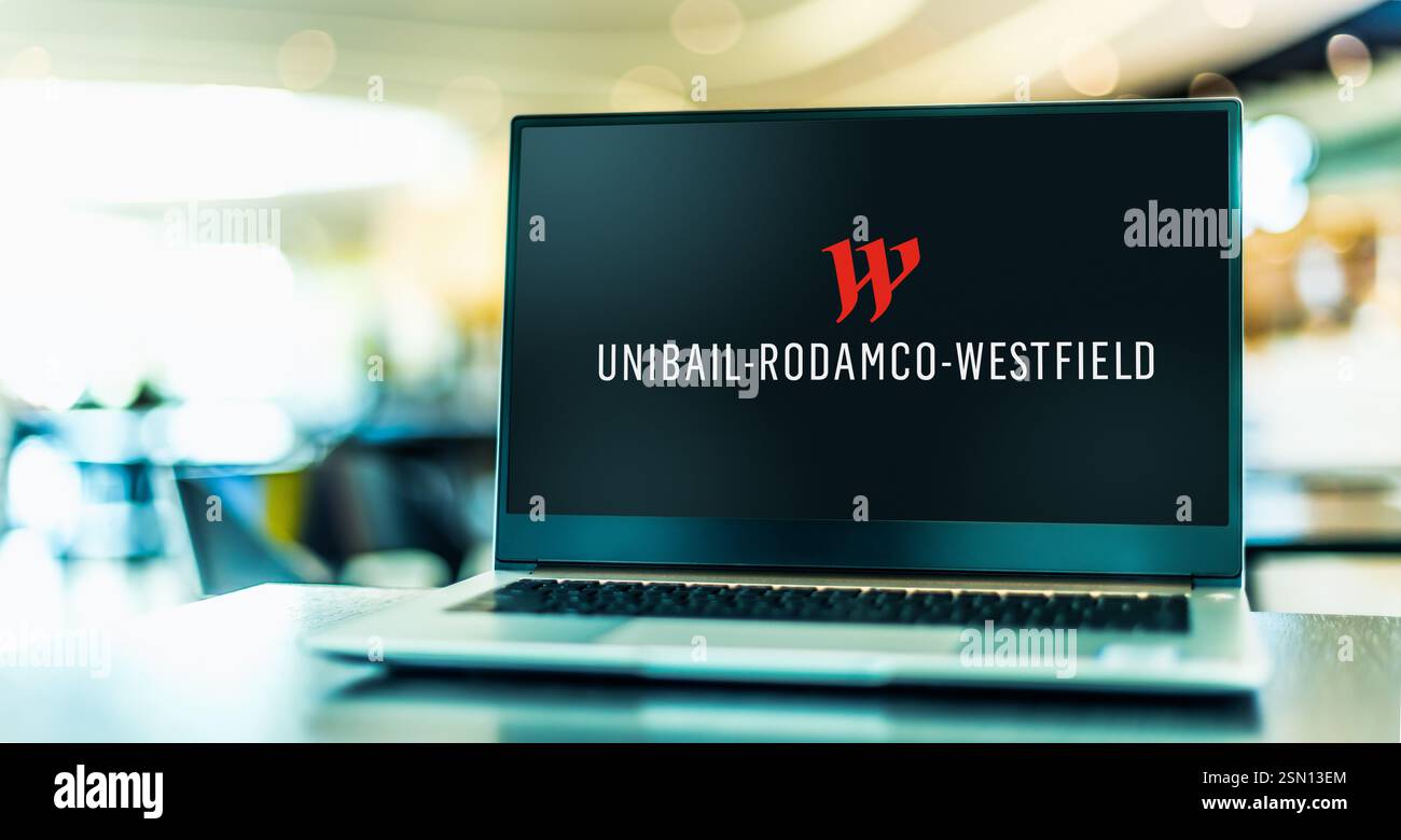 POZNAN, POL - DEC 19, 2024: Laptop computer displaying logo of Unibail ...