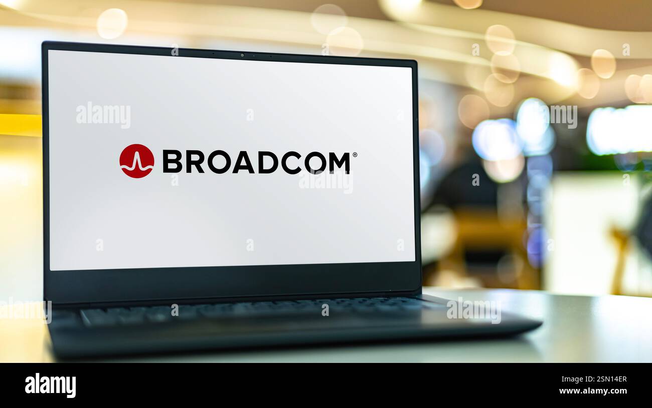 POZNAN, POL - DEC 19, 2024: Laptop computer displaying logo of Broadcom ...