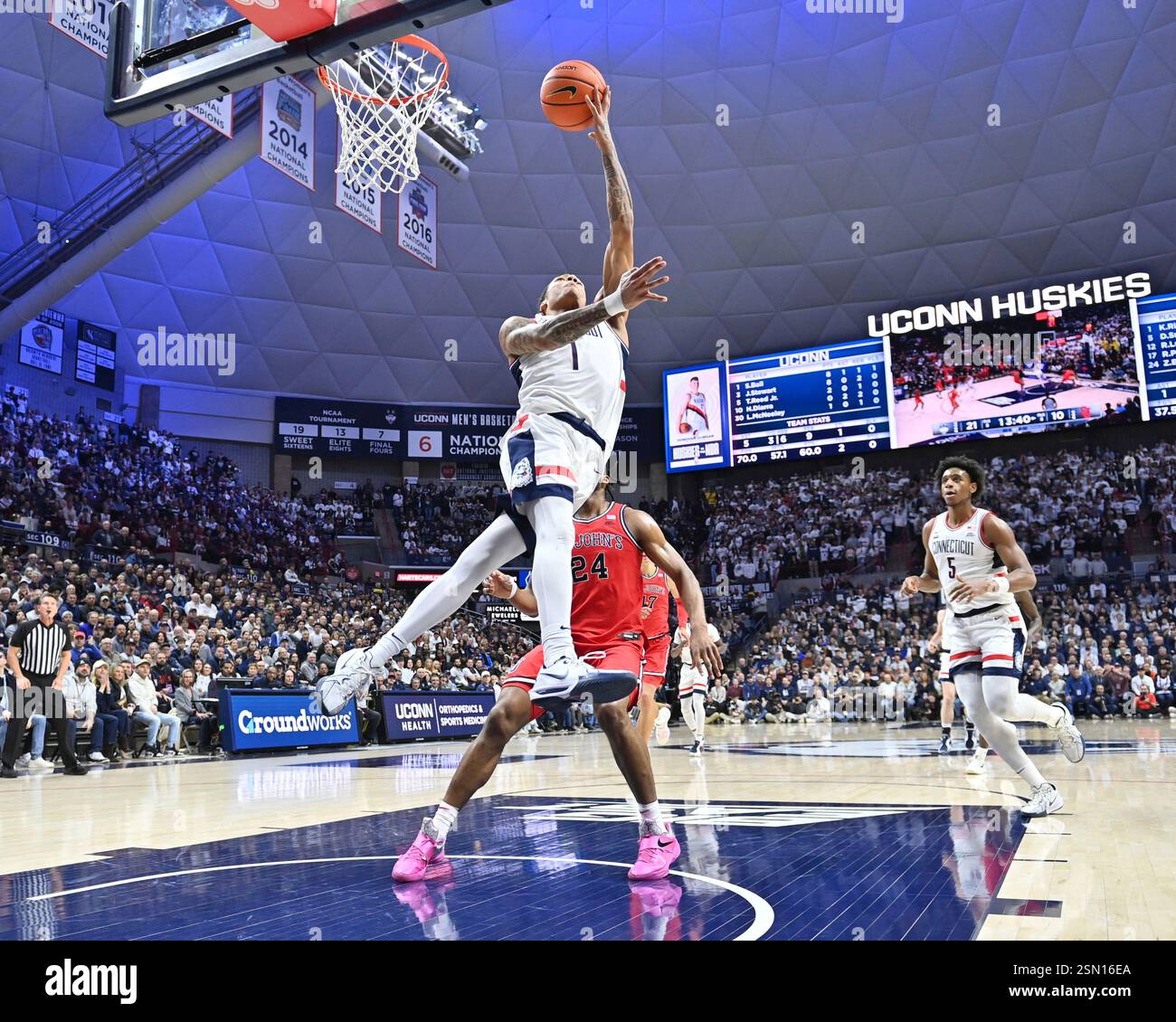 STORRS, CT - FEBRUARY 07: UConn Huskies guard Solo Ball (1) scores with ...
