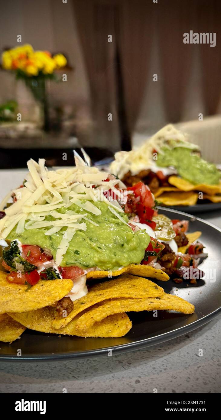 Beef nachos with multiple toppings Stock Photo - Alamy