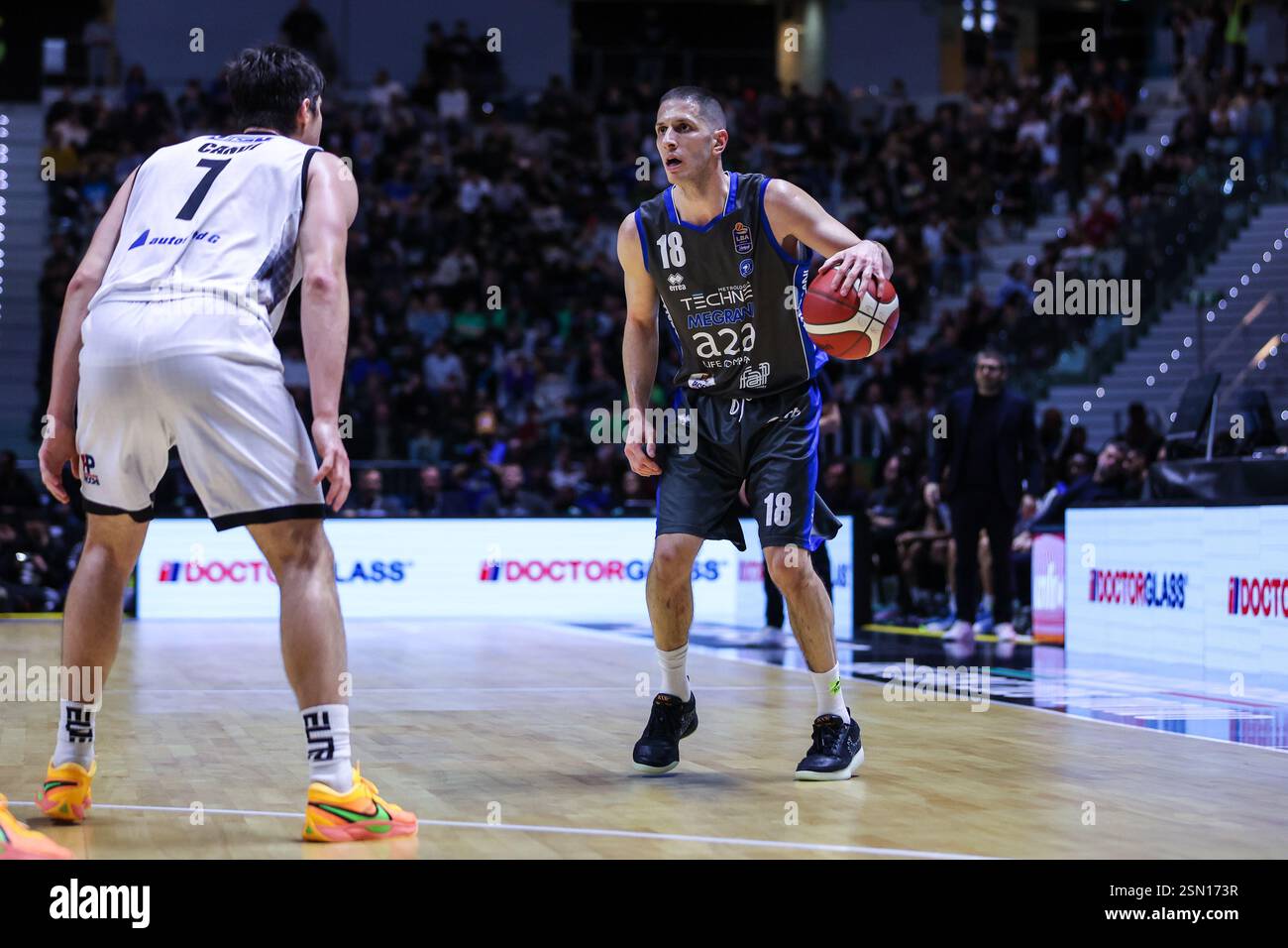 Turin, Italy. 12th Feb, 2025. (R) Nikola Ivanovic #18 of Germani Brescia seen in action during ...