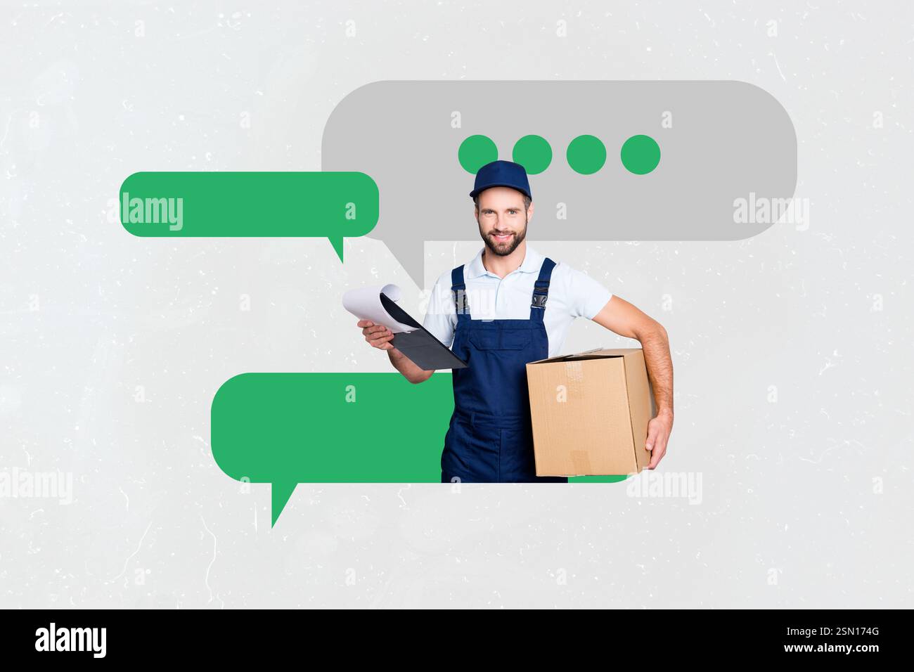 Art 3d sketch photo image collage of happy man courier hold box parcel ...