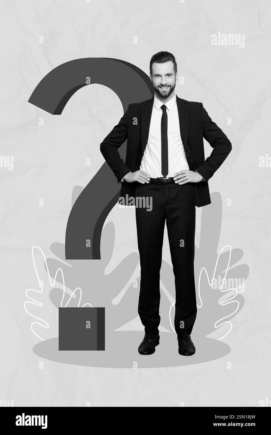 Vertical collage artwork photo of businessman developer touch waist ...