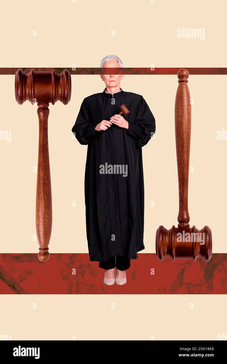 Trend image vertical photo collage of serious elderly woman judge hold ...