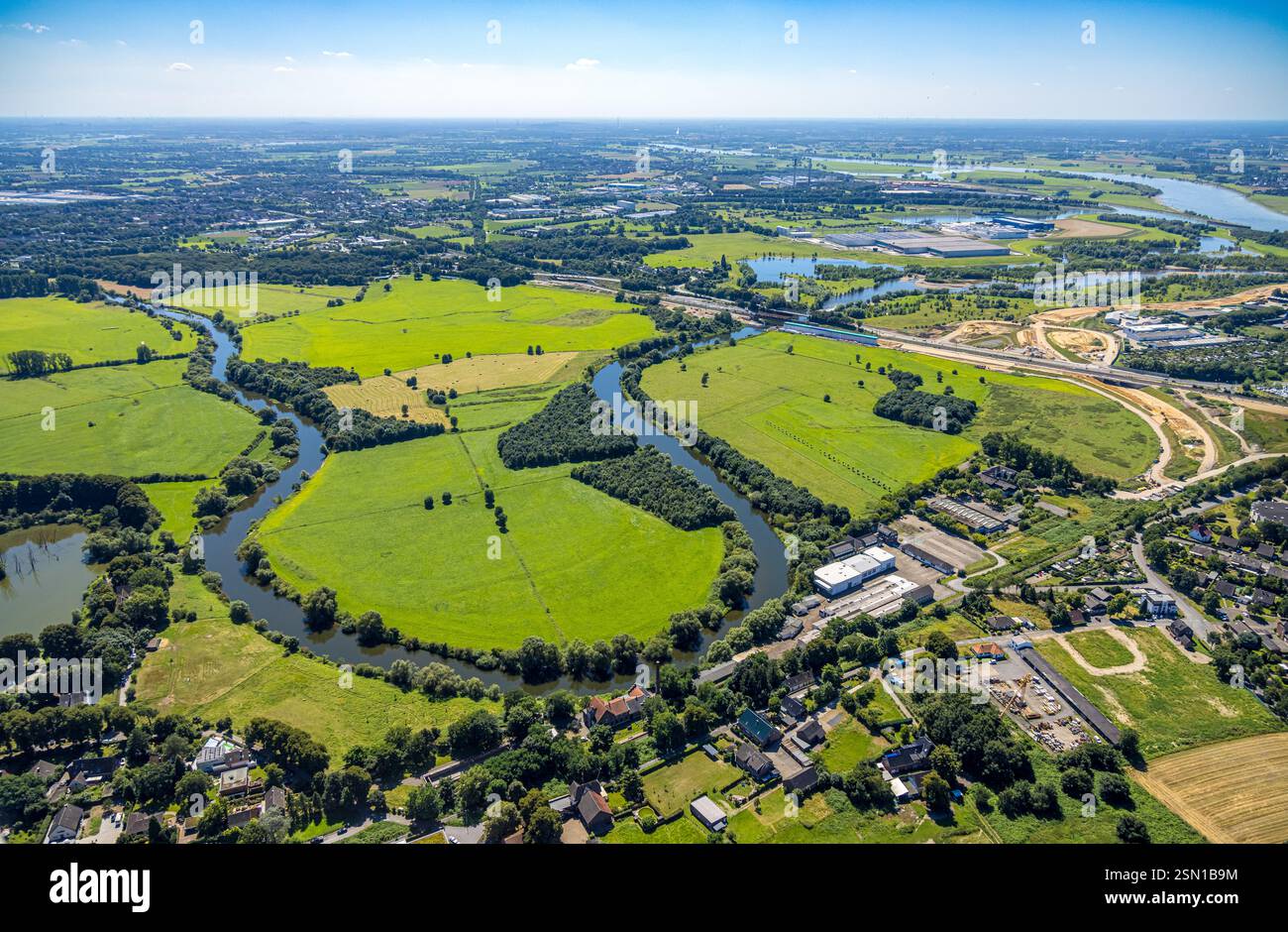 Aerial view, Lippe estuary, river Lippe Lippebogen and Altes Wasserwerk ...