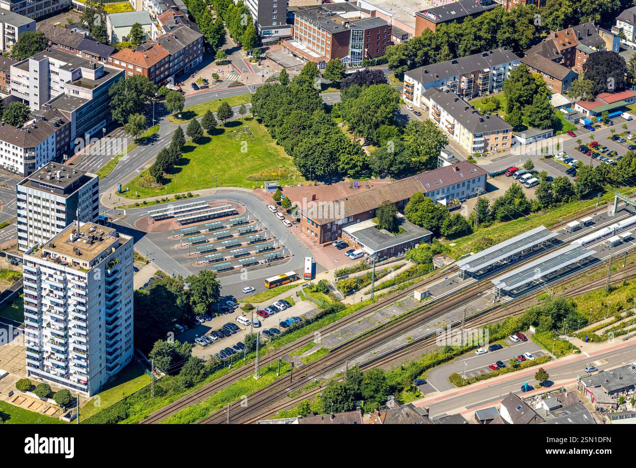 Aerial view, Wesel railroad station and station building, ZOB bus ...