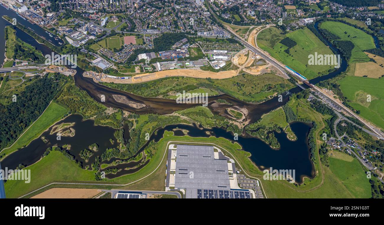Aerial view, Lippe estuary with construction site, river Lippe and ...
