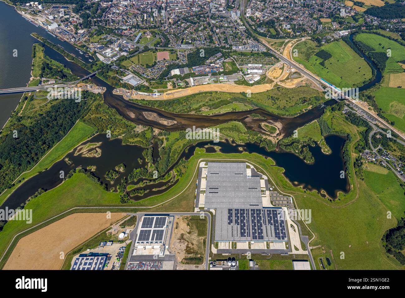 Aerial view, Lippe estuary with construction site, river Lippe and ...