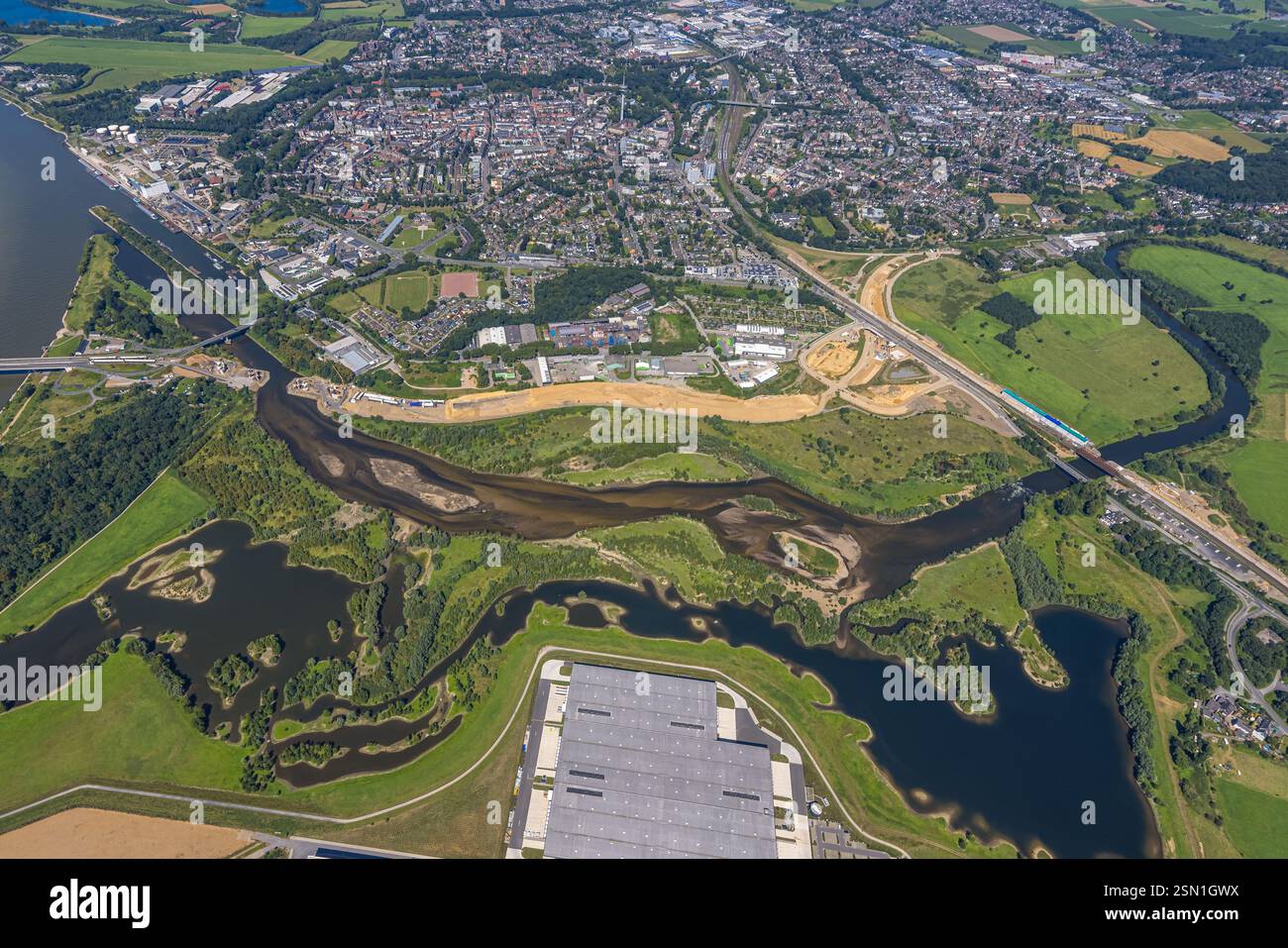Aerial view, Lippe estuary with construction site, river Lippe and ...