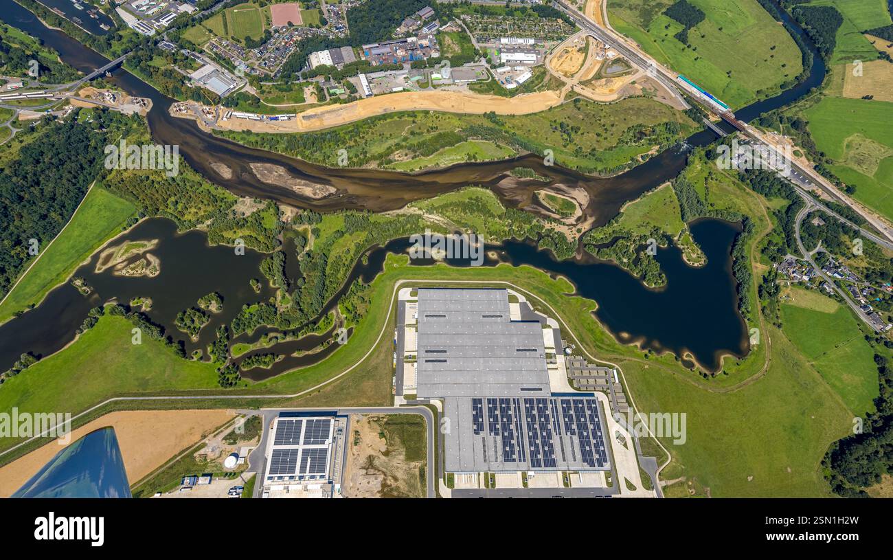 Aerial view, Lippe estuary with construction site, river Lippe and ...